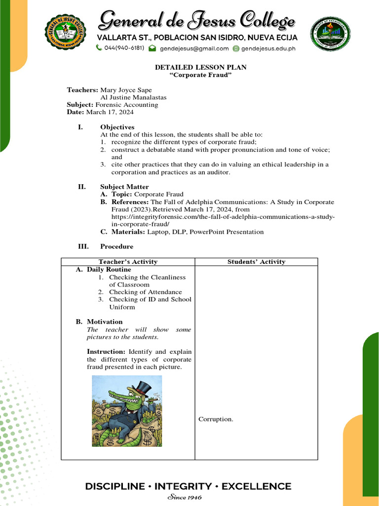 Corporate Fraud Lesson Plan Overview | PDF | Audit | Deposit Account
