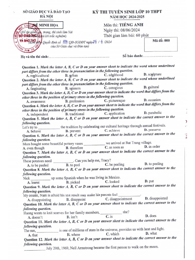 De Minh Họa TA9- 2024 | PDF