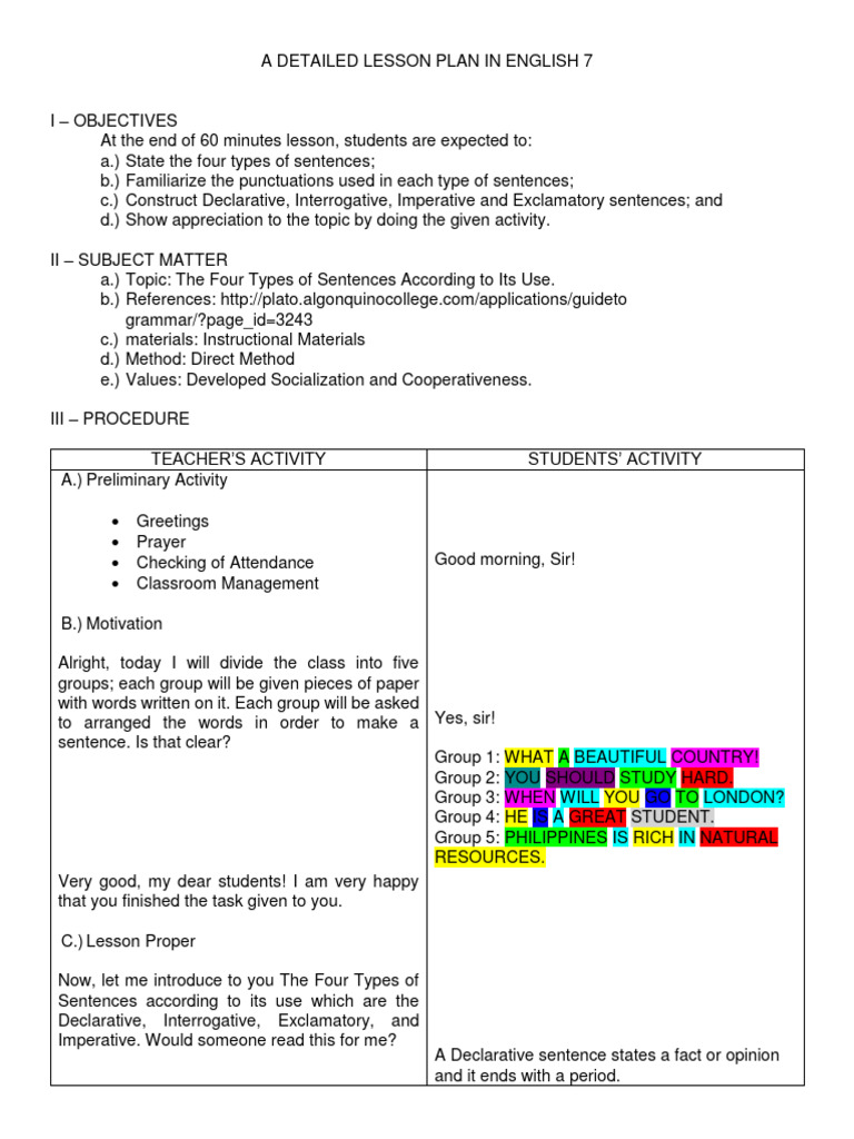 A Detailed Lesson Plan in English 7 | PDF | Sentence (Linguistics ...