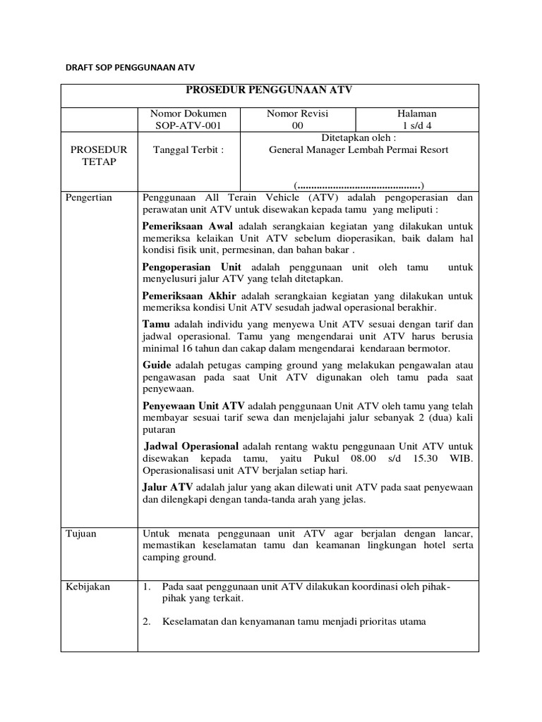 Draft SOP Penggunaan ATV | PDF