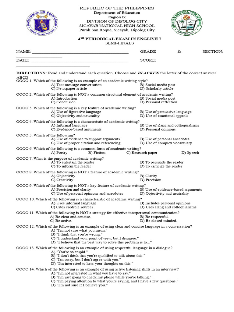 4TH Periodical Exam in English 7 2024 | PDF | Bias | Communication