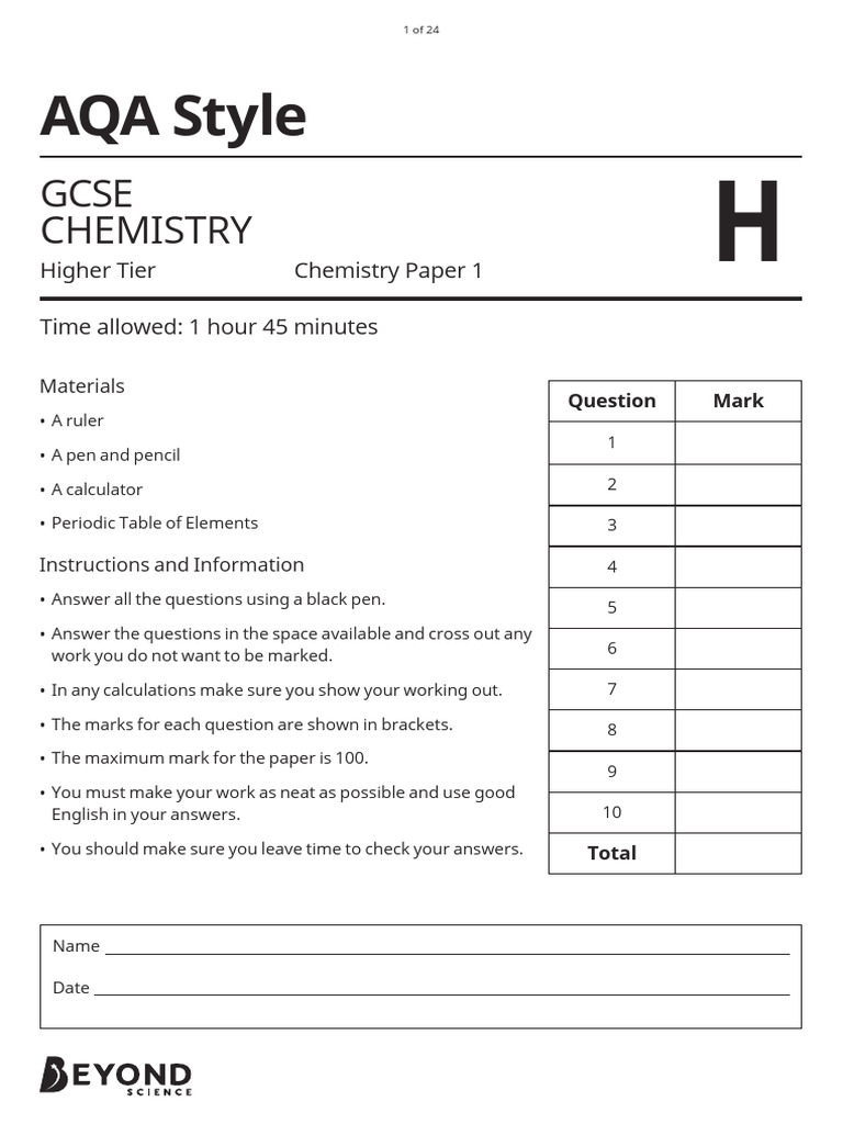 AQA GCSE Chemistry Paper 1 Higher Question Paper | PDF | Acid ...