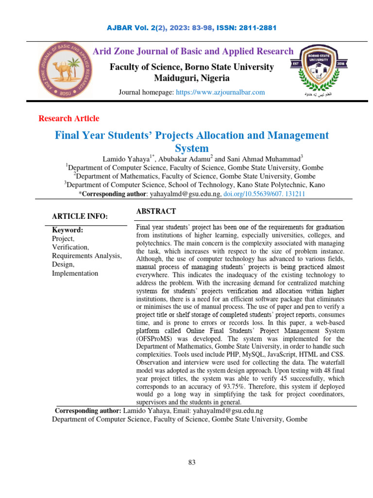 83 98 Final Year Students Projects Allocation and Management System | PDF | Php | System