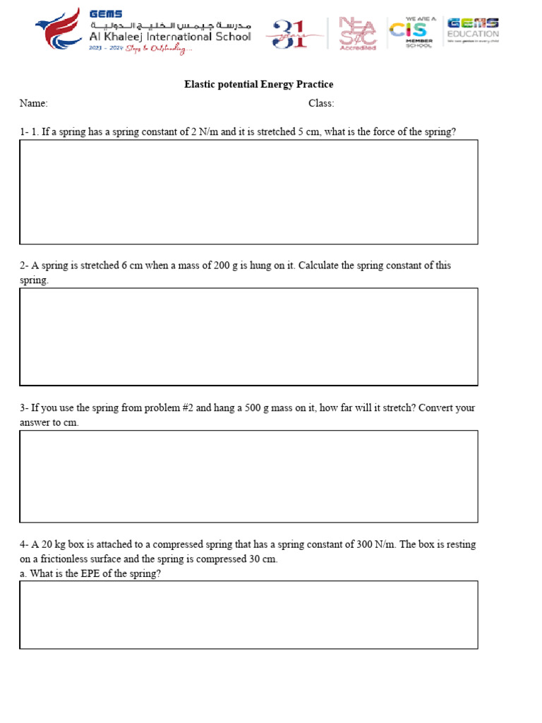 Elastic Potential Energy Practice | PDF