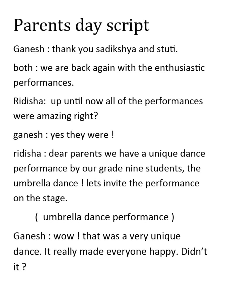 Parents Day Script Ganesh and Ridisha | PDF