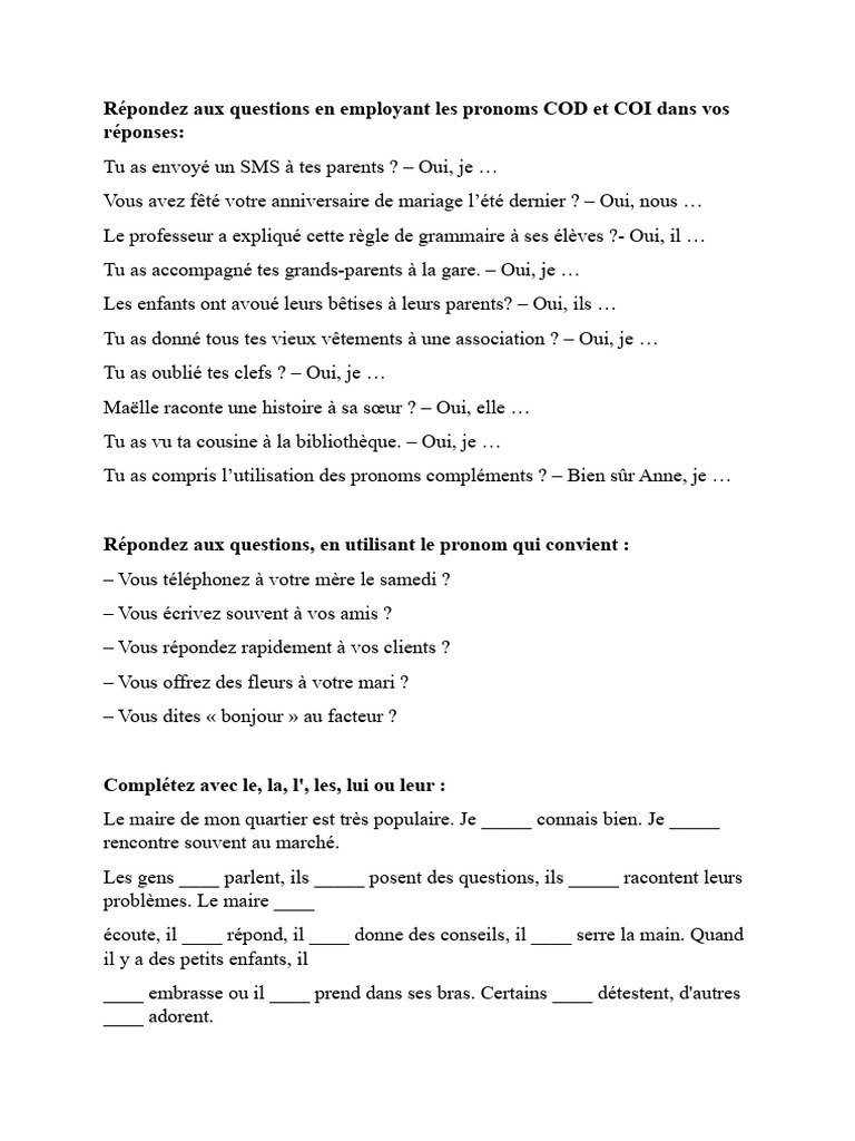 Exercices sur les pronoms COD et COI | PDF