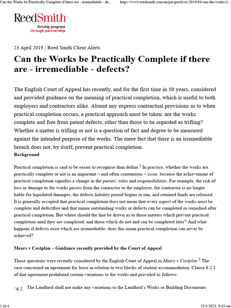 Can The Works Be Practically Complete If There Are - Irremediable ...