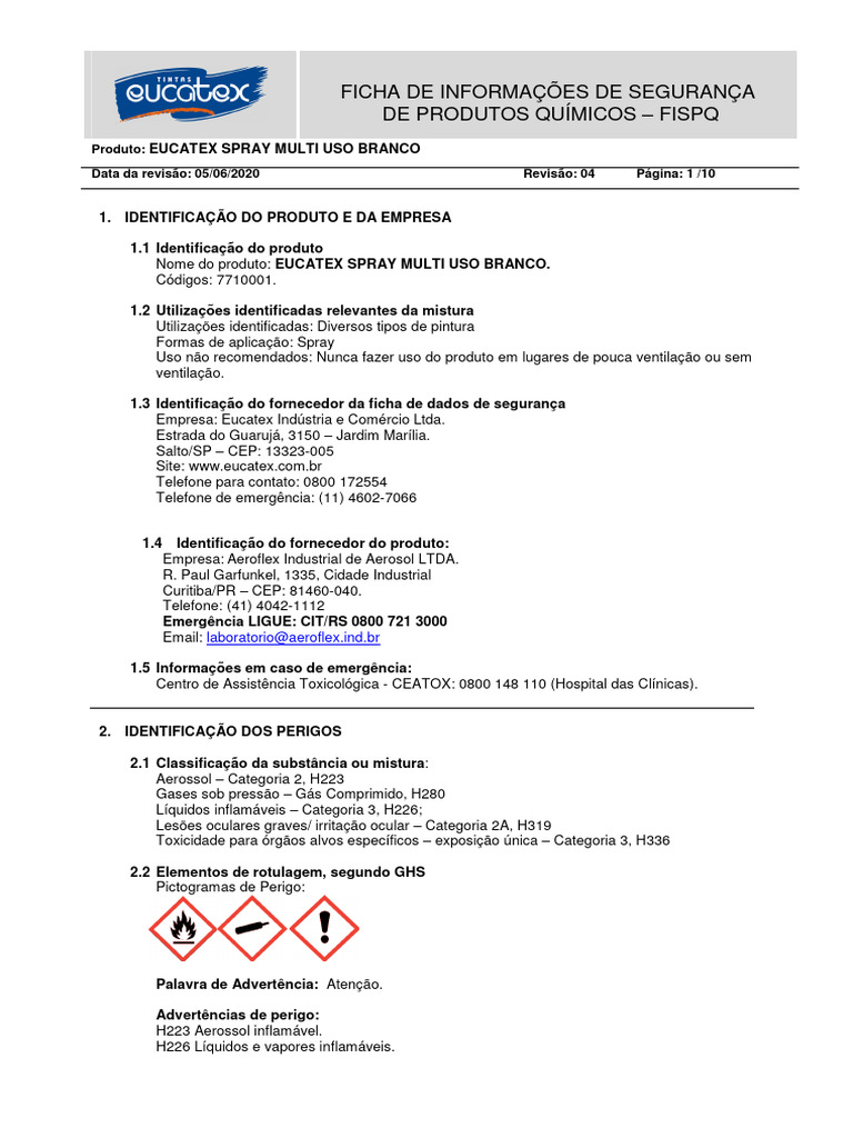 FISPQ - 4839 Eucatex Spray Premium Multiuso Branco | PDF | Química ...