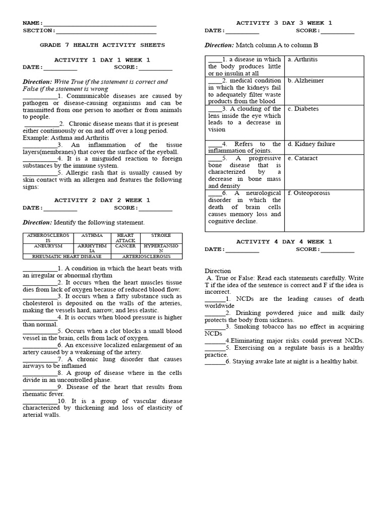 Grade 7 Health Activity Sheets | PDF | Blood Vessel | Artery