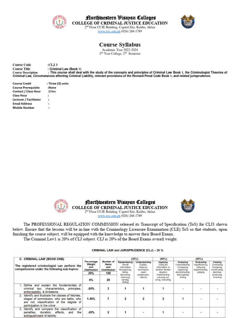CLJ 3: Criminal Law Syllabus 2023-2024 | PDF | Crimes | Crime & Violence