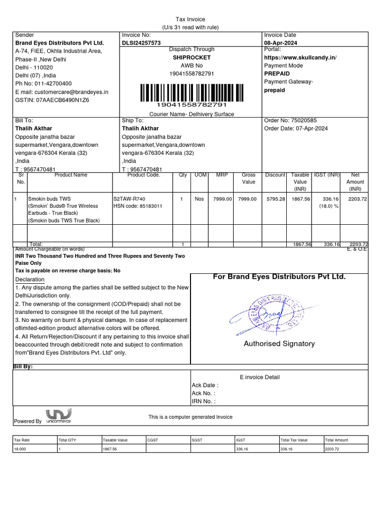 Invoice Shipment DLSKUL242506877 Order 75020585 | PDF | Payments | Taxes