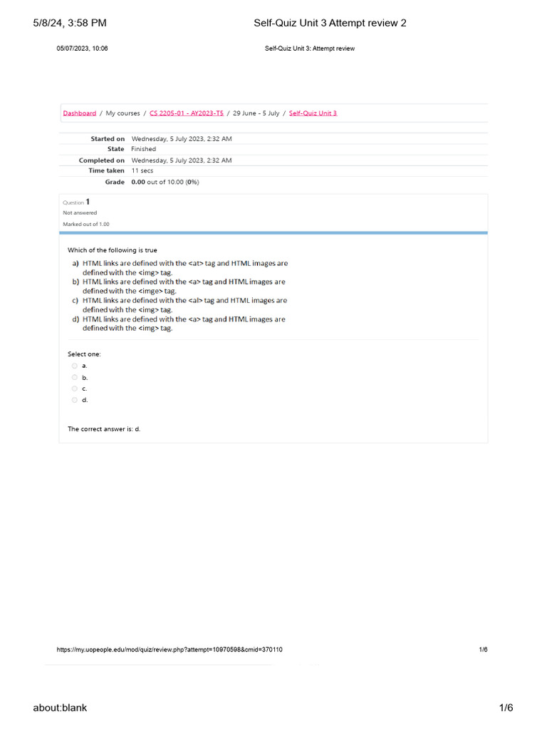 Self-Quiz Unit 3 Attempt Review 2 | PDF | Html | Html Element