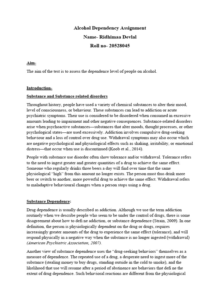 Alcohol Dependency Assignment | PDF | Alcoholism | Problem Gambling