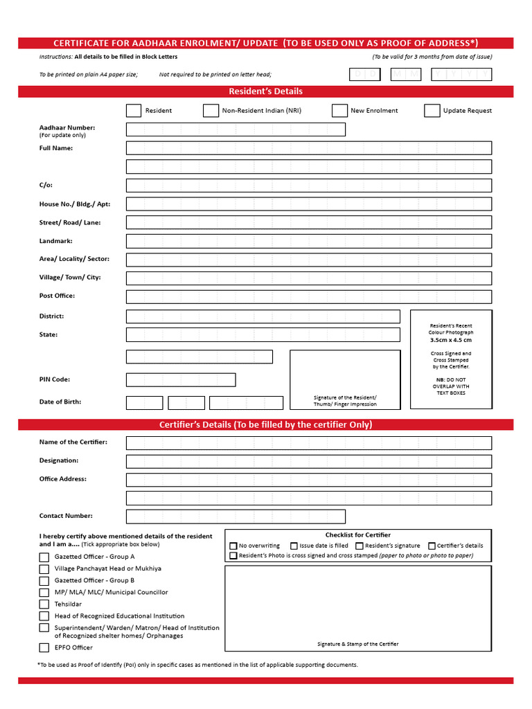 Gazetted Form For Aadhaar Enrolment | PDF