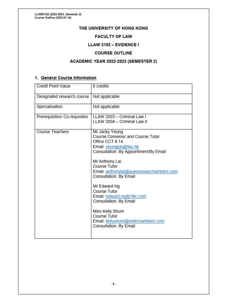 LLAW3102 Evidence I Course Outline 2023 | PDF | Lecture | Justice