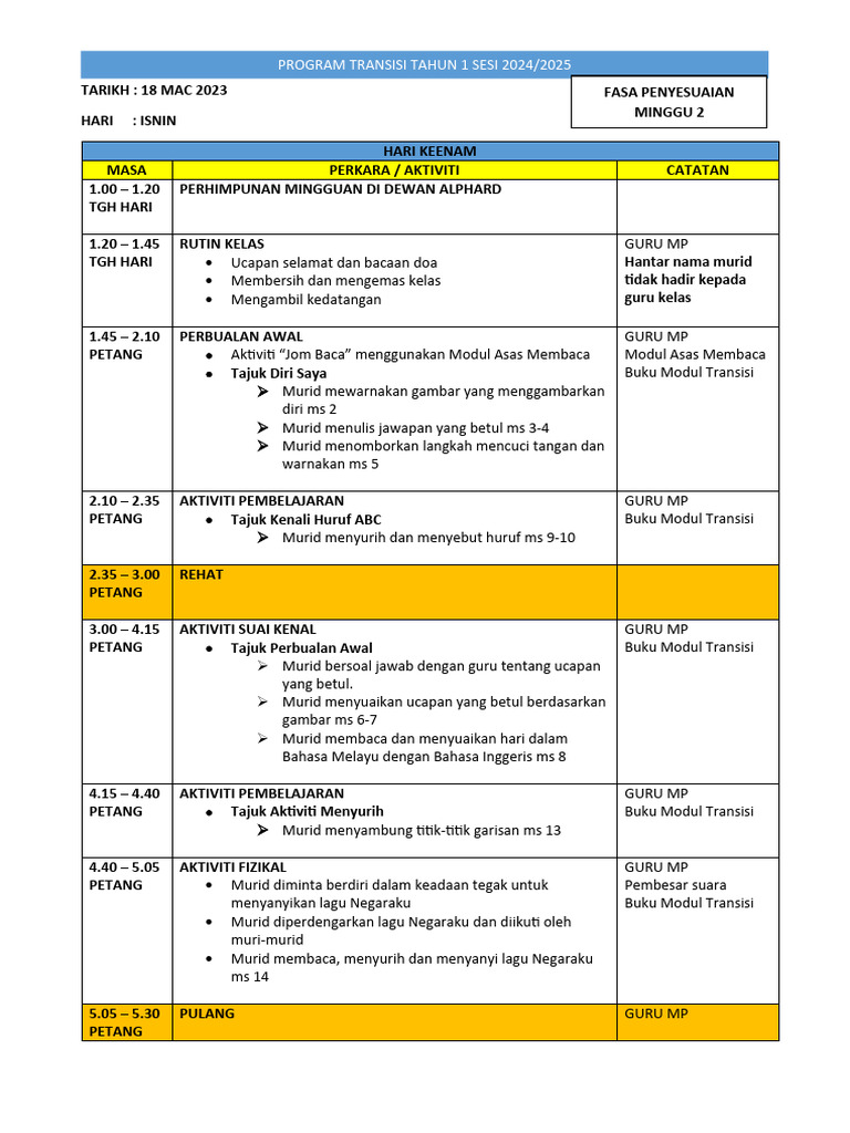 Jadual Transisi 2024 Minggu Ke-2 | PDF