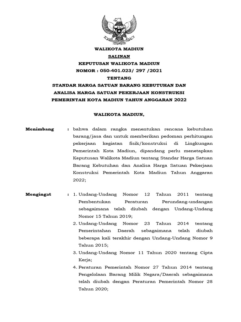 Kepwal Standar Harga Satuan Barang Dan Analisa HSPK Tahun 2022 | PDF