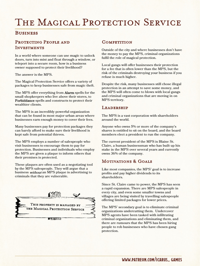 Service de Protection Magique (Organisation) - Icarus Games | PDF ...