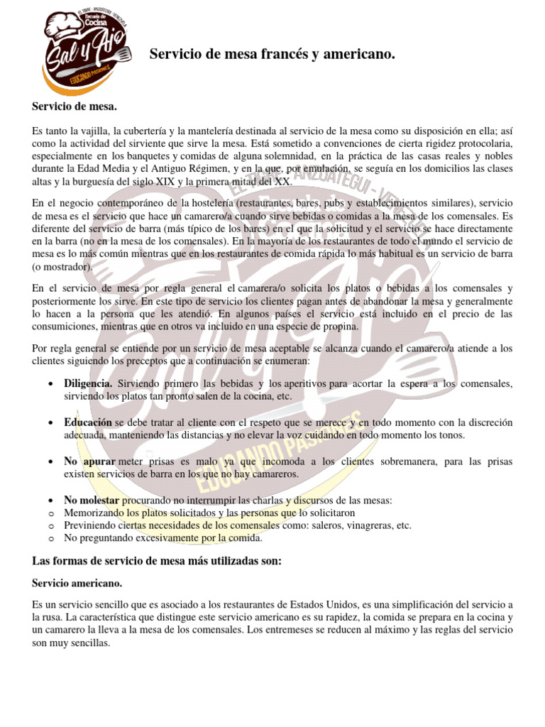 Tipos de Servicio de Mesa: Francés y Americano | PDF | Cocina, comidas ...