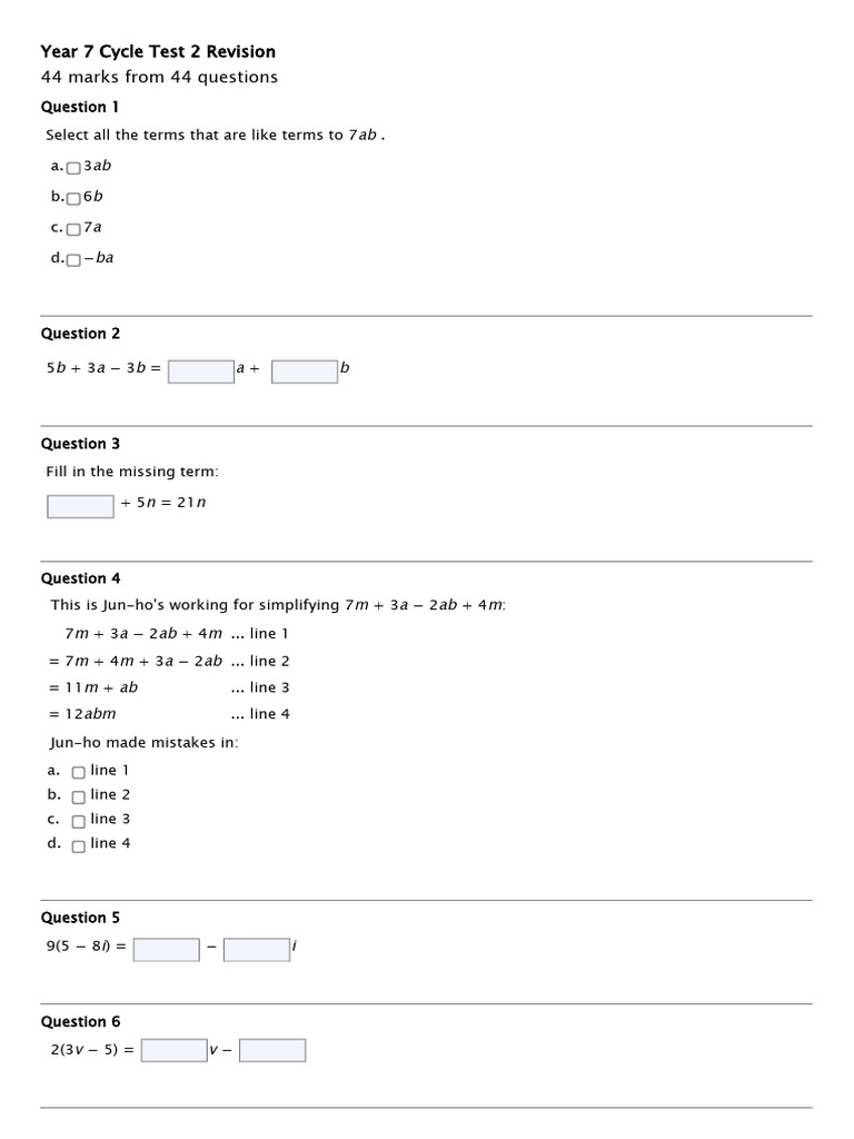 Year 7 Math Revision Test Guide | PDF | Mathematics | Applied Mathematics