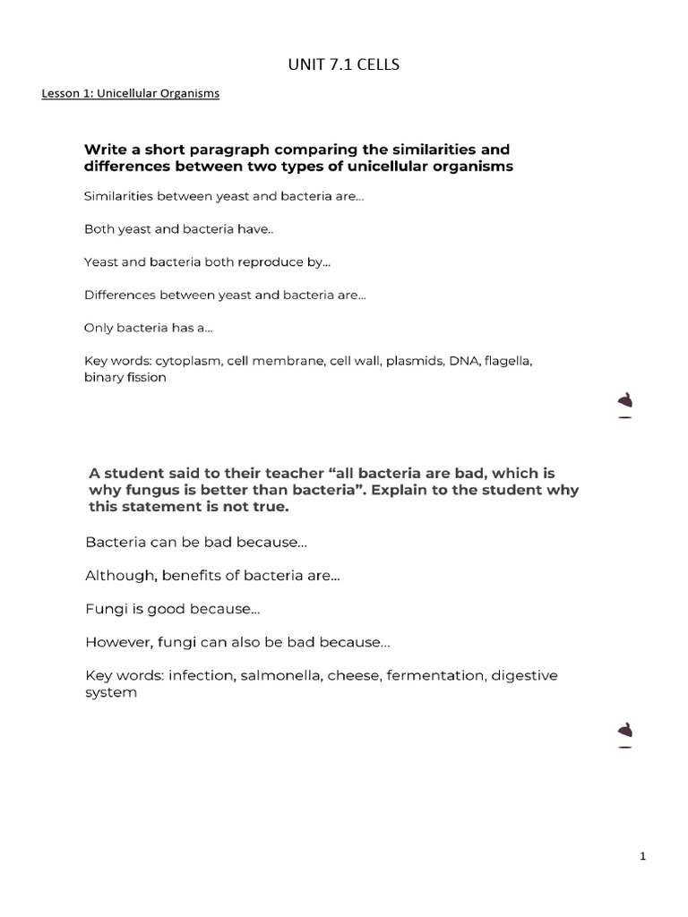 UNIT 7.1 Cells - Worksheets | PDF | Cell (Biology) | Organelle