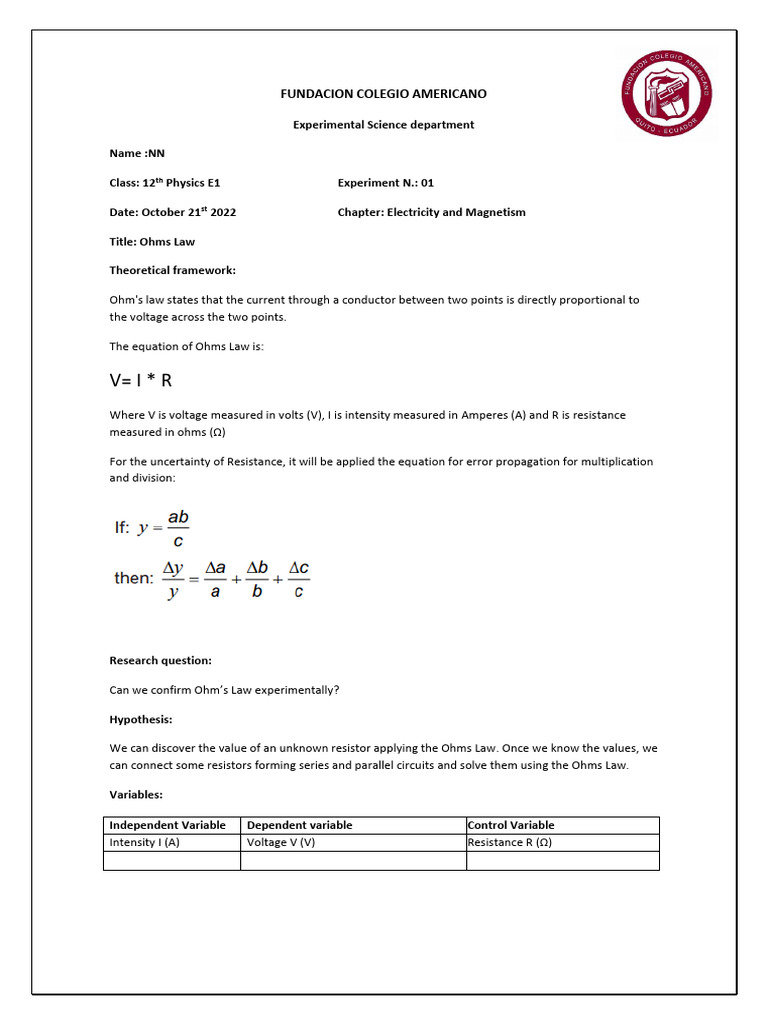 Sample Ohms Law Lab Report | PDF | Resistor | Electrical Resistance And ...
