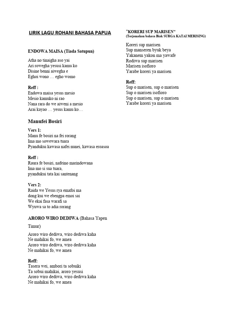 Lirik Lagu Rohani Bahasa Papua | PDF