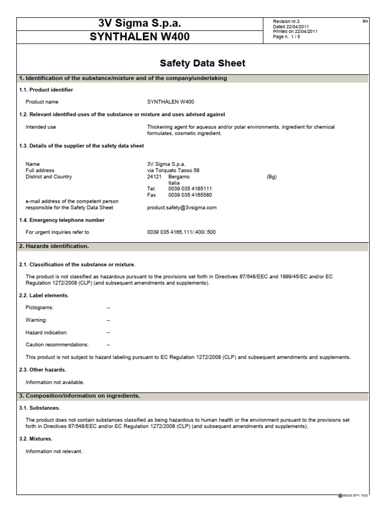 msds-synthalen-w400 | PDF | Dangerous Goods | Water