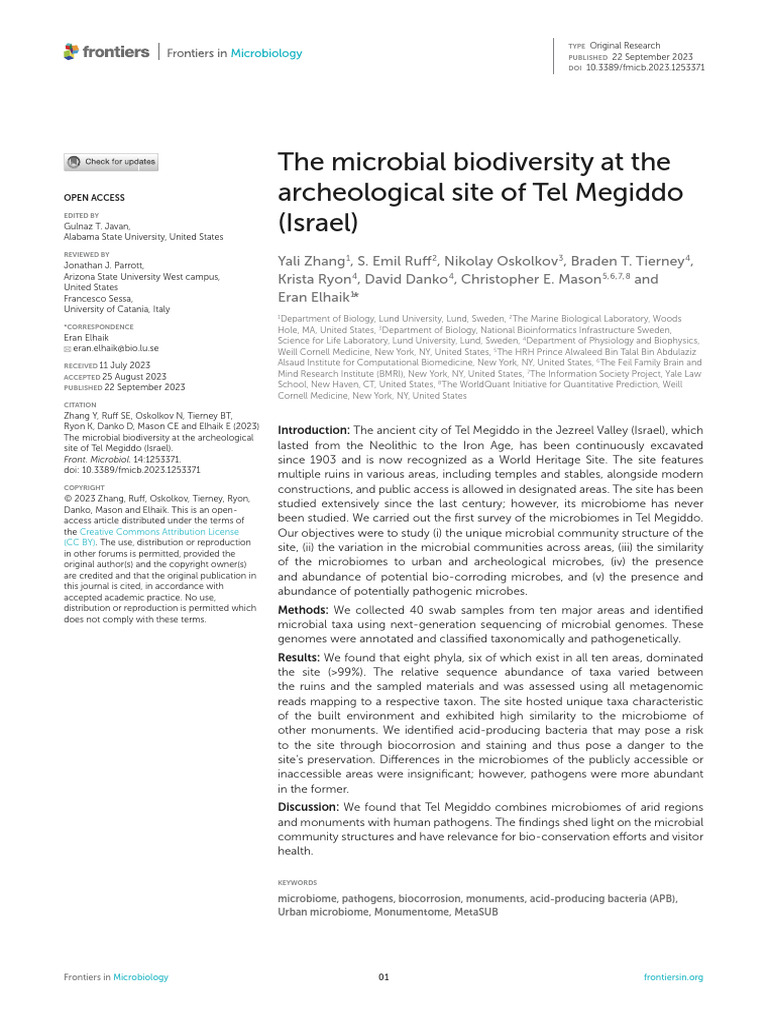The Microbial Biodiversity at The Archeological Site of Tel Megiddo ...