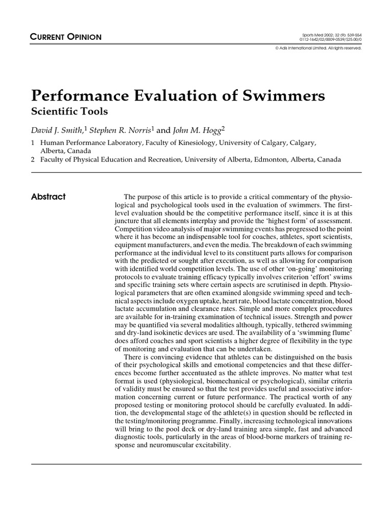 Performance Evaluation in Swimmers | PDF | Swimming (Sport) | Swimming