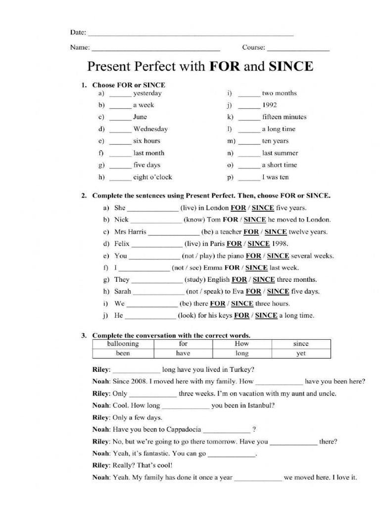 For and Since Exercises | PDF