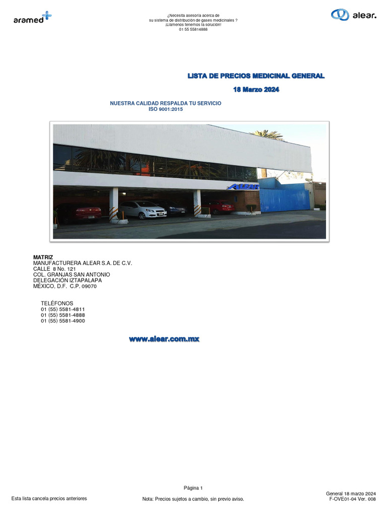 F-OVE01-04 - Ver 8 Lista de Precios General Aramed 18 Marzo 2024 | PDF | Oxígeno | Materiales