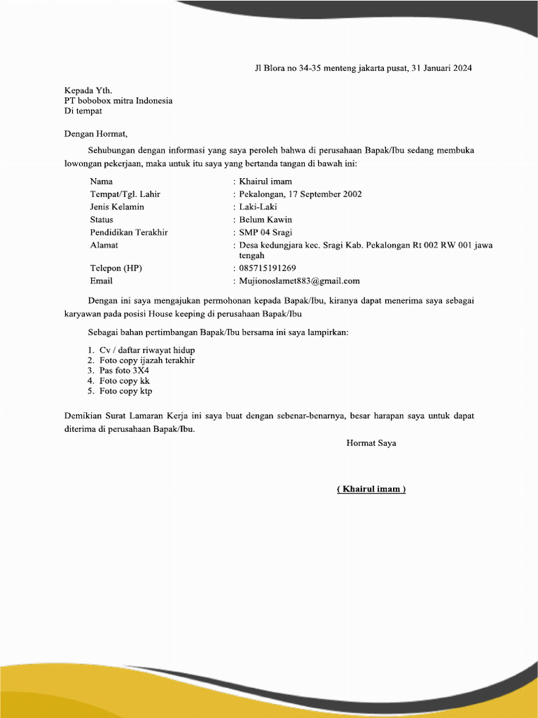 Surat Lamaran Khoirul Imam | PDF