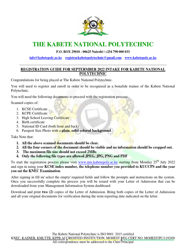 Kabete National Poly Admission Guide | PDF | Iso 9000