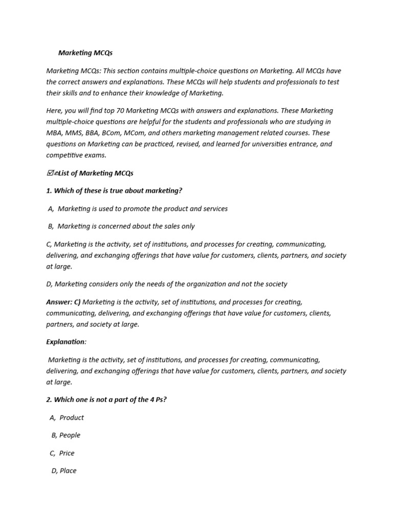 Marketing MCQs-questions With Answers | PDF | Marketing | Market ...