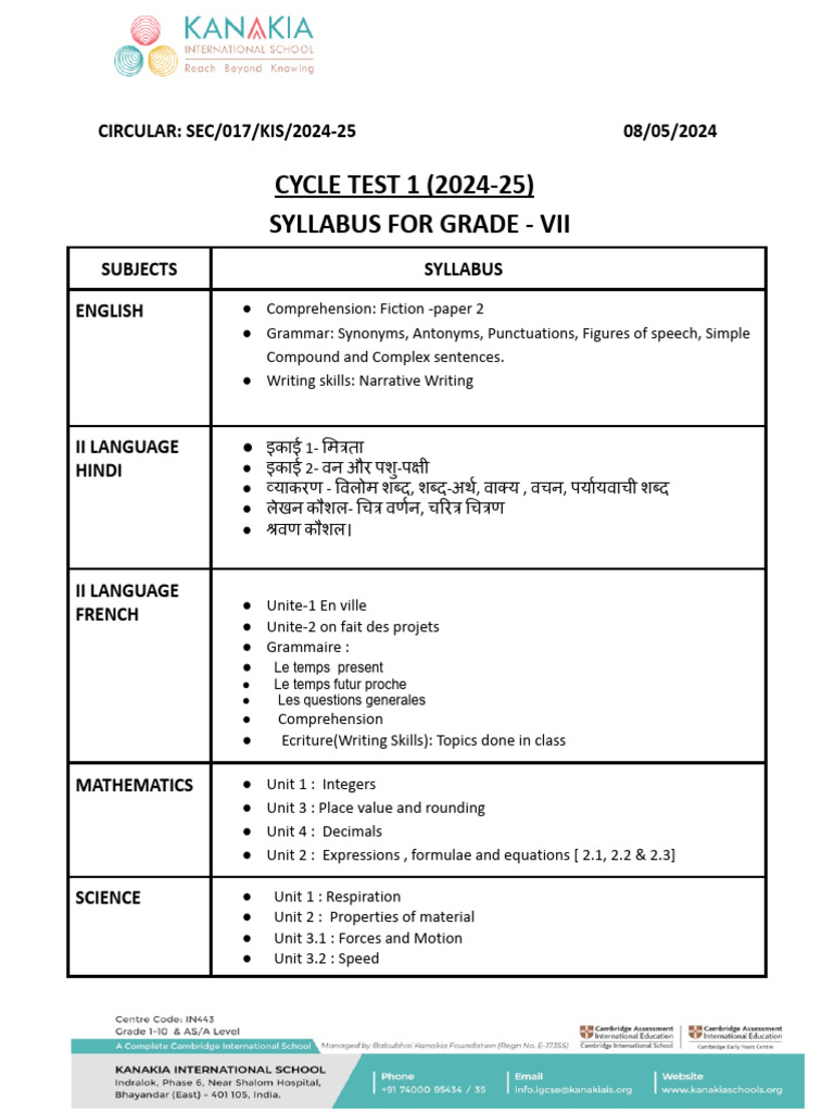 Syllabus CT 1 24-2025 Grade 7A | PDF | Linguistics | Mathematics