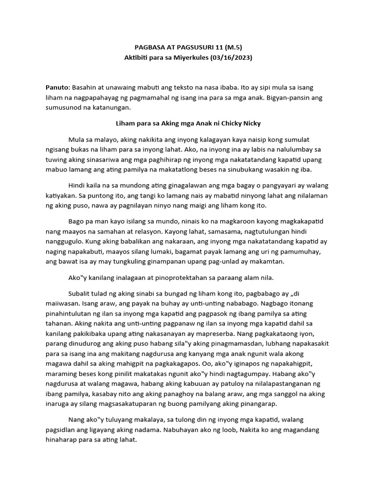 Liham para Sa Mga Anak Ni Chicky Nicky | PDF