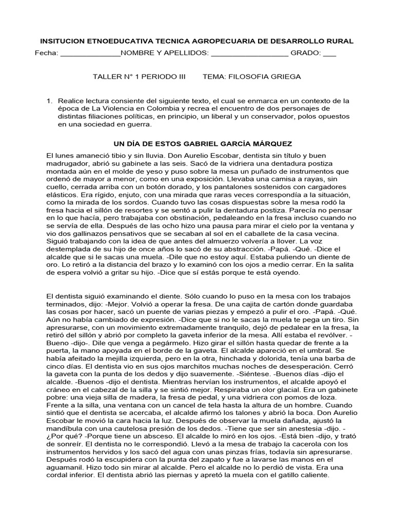 Taller sobre "Un día de estos" de García Márquez | PDF