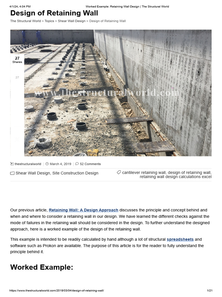 Worked Example - Retaining Wall Design - The Structural World | PDF ...