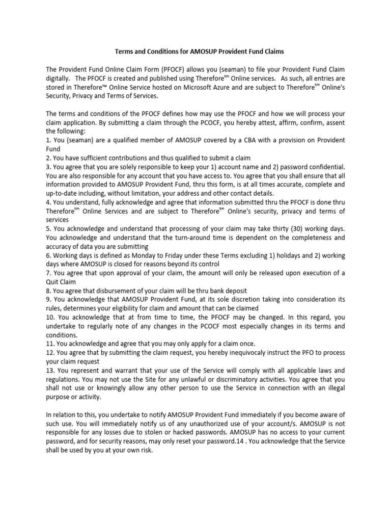 Terms and Conditions For AMOSUP Provident Fund Claims | PDF | Legal ...
