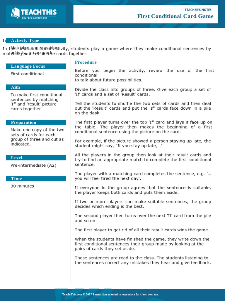First Conditional Card Game Guide | PDF | English As A Second Or ...
