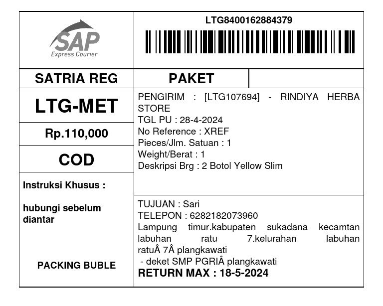 Resi Pengiriman Paket SAP Express | PDF