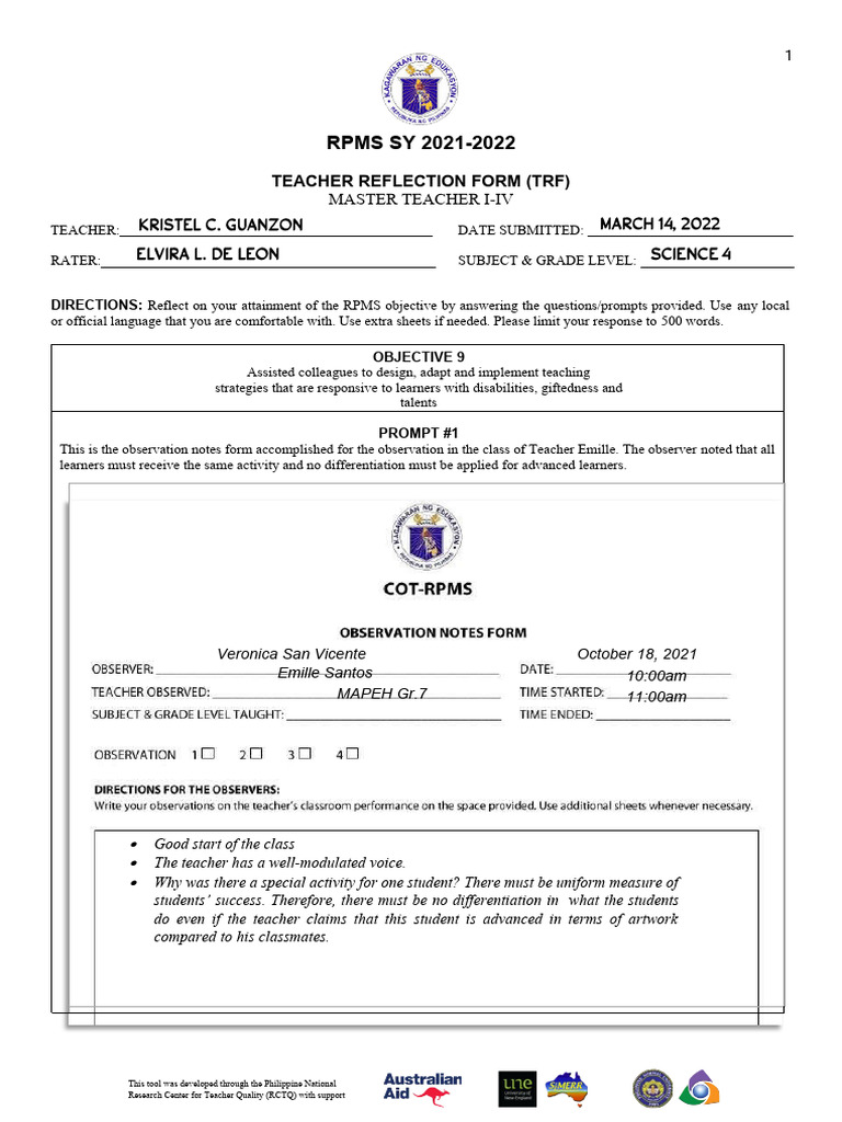 Appendix 4B Teacher Reflection Form For MT I IV For RPMS SY 2021 2022 | PDF | Learning | Teachers