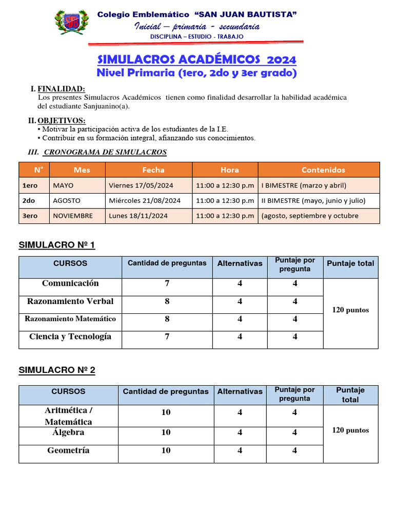 Comunicados Simulacro 1ero, 2do y 3ero Primaria 2024 | PDF | Science | Matemáticas