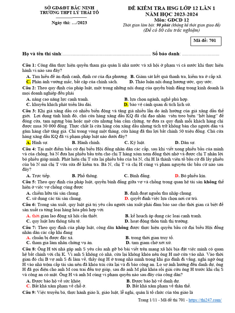 De Thi HSG GDCD 12 Lan 1 Nam 2023 2024 Truong THPT Ly Thai To Bac Ninh | PDF