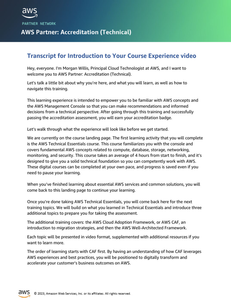 Transcript for Introduction to Your Course Experience | PDF | Amazon Web Services | Cloud Computing