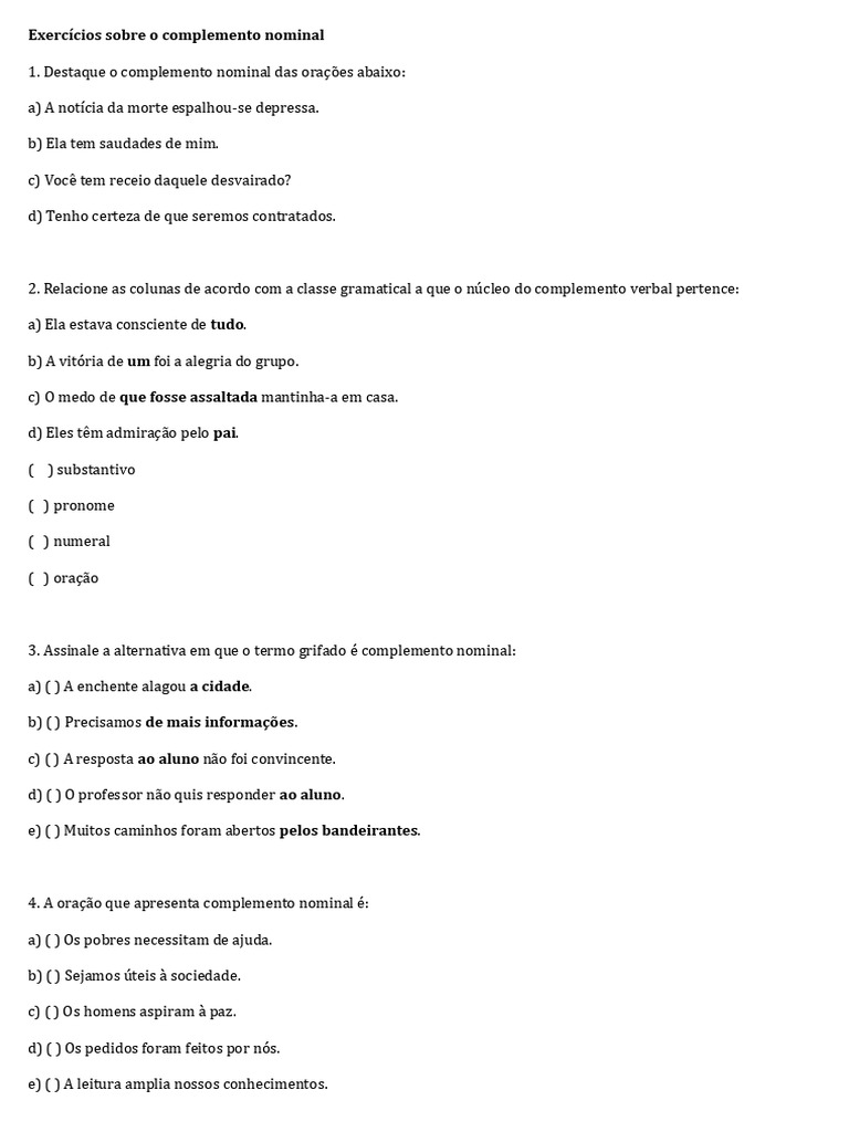 Exercícios Sobre o Complemento Nominal | PDF