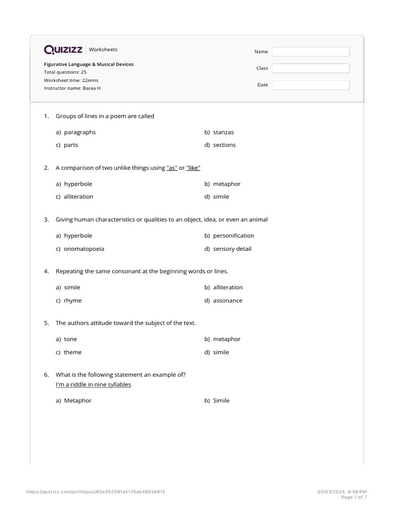 Figurative Language & Musical Devices - Quizizz | PDF | Poetry | Poetic ...