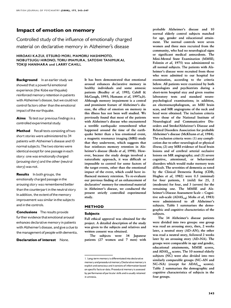Impact Oof Emotion On Memory | PDF | Memory | Dementia