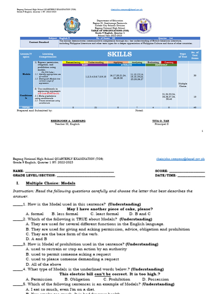 TOS Q Final | PDF | Sentence (Linguistics) | English Language